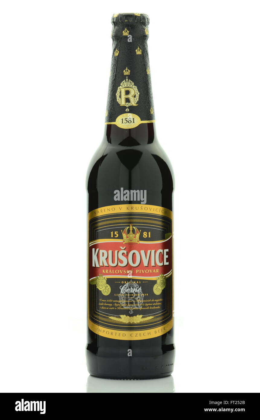 Krusovice premium beer isolated on white background. Royal Brewery of ...