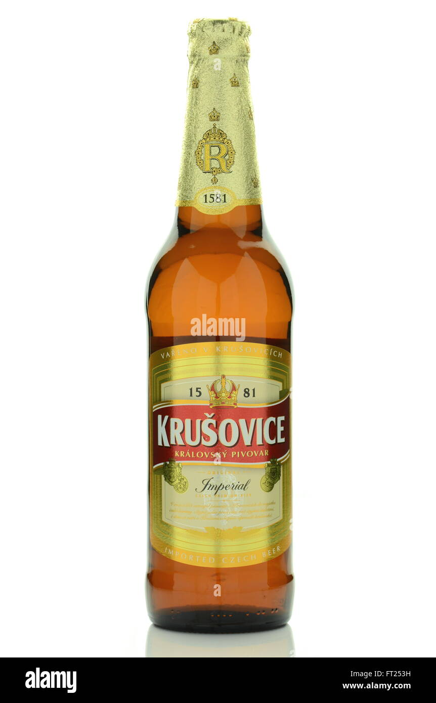 Krusovice premium beer isolated on white background. Royal Brewery of ...