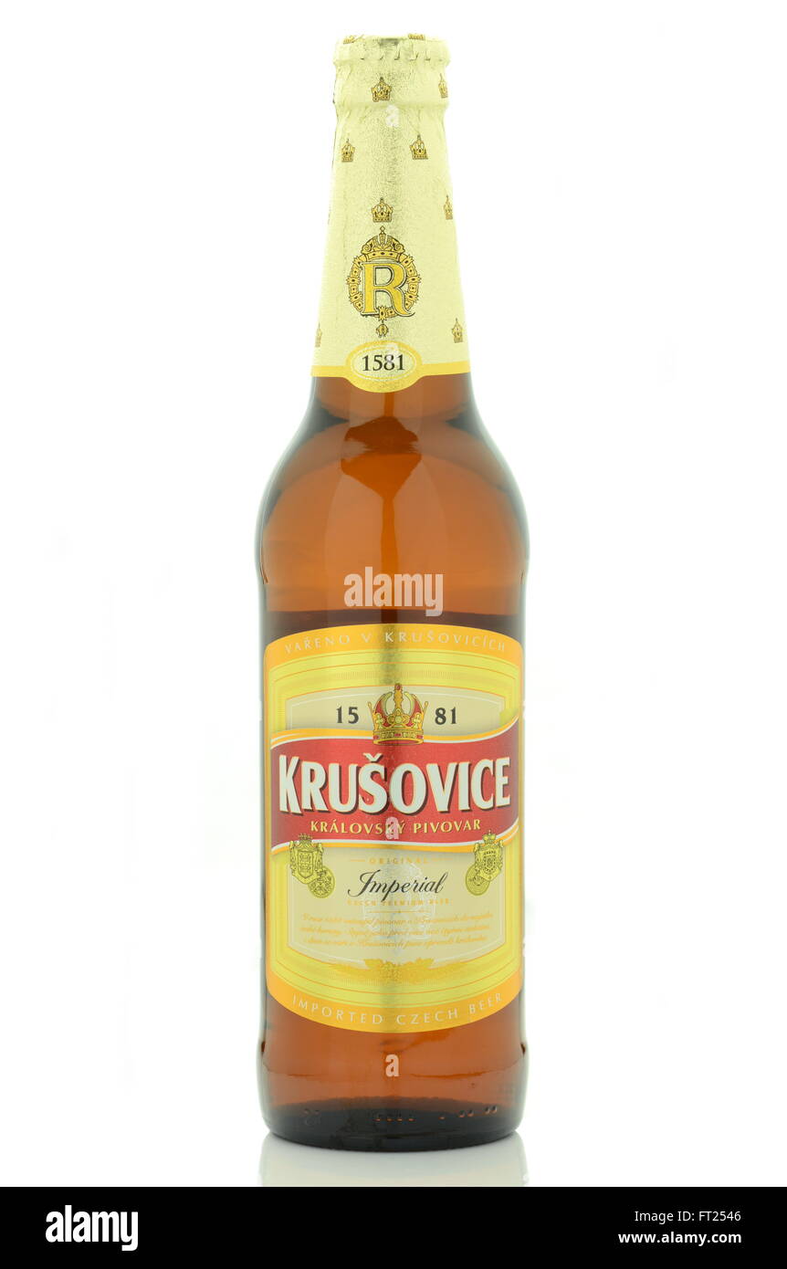Krusovice premium beer isolated on white background. Royal Brewery of ...