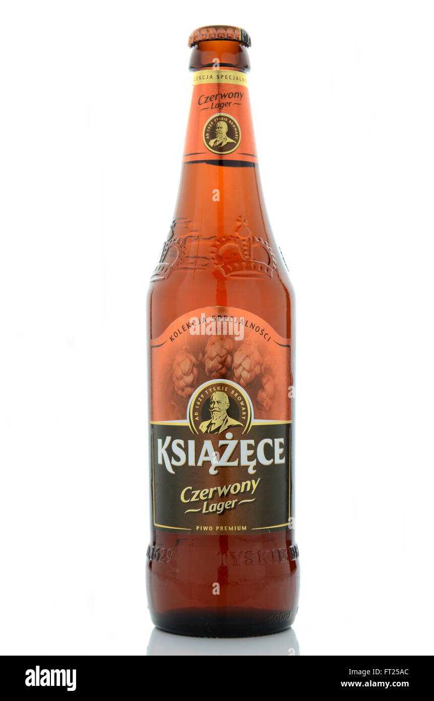 Red lager Ksiazece beer isolated on white background Stock Photo - Alamy