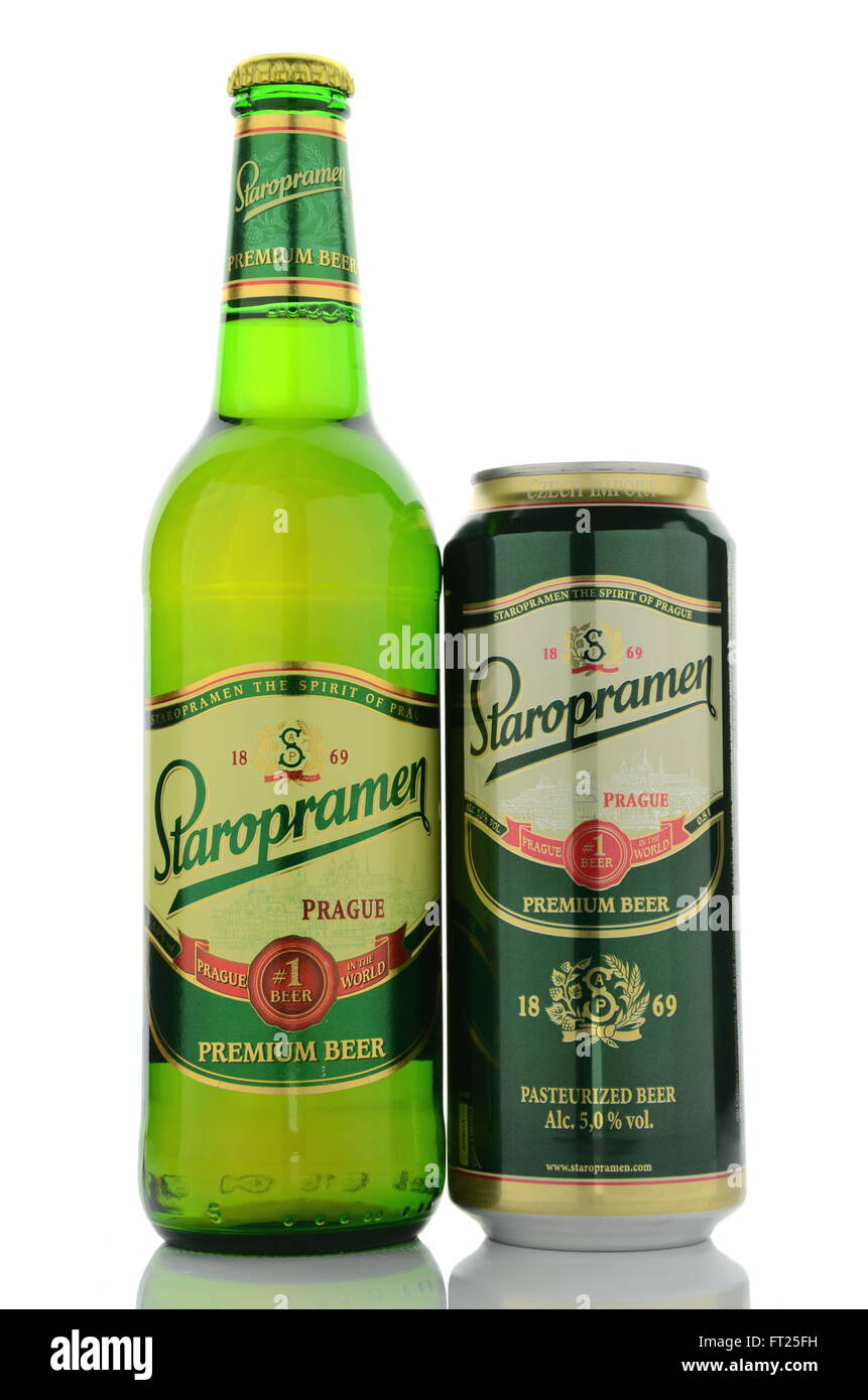 Staropramen beer isolated on white background. Staropramen brewery was ...