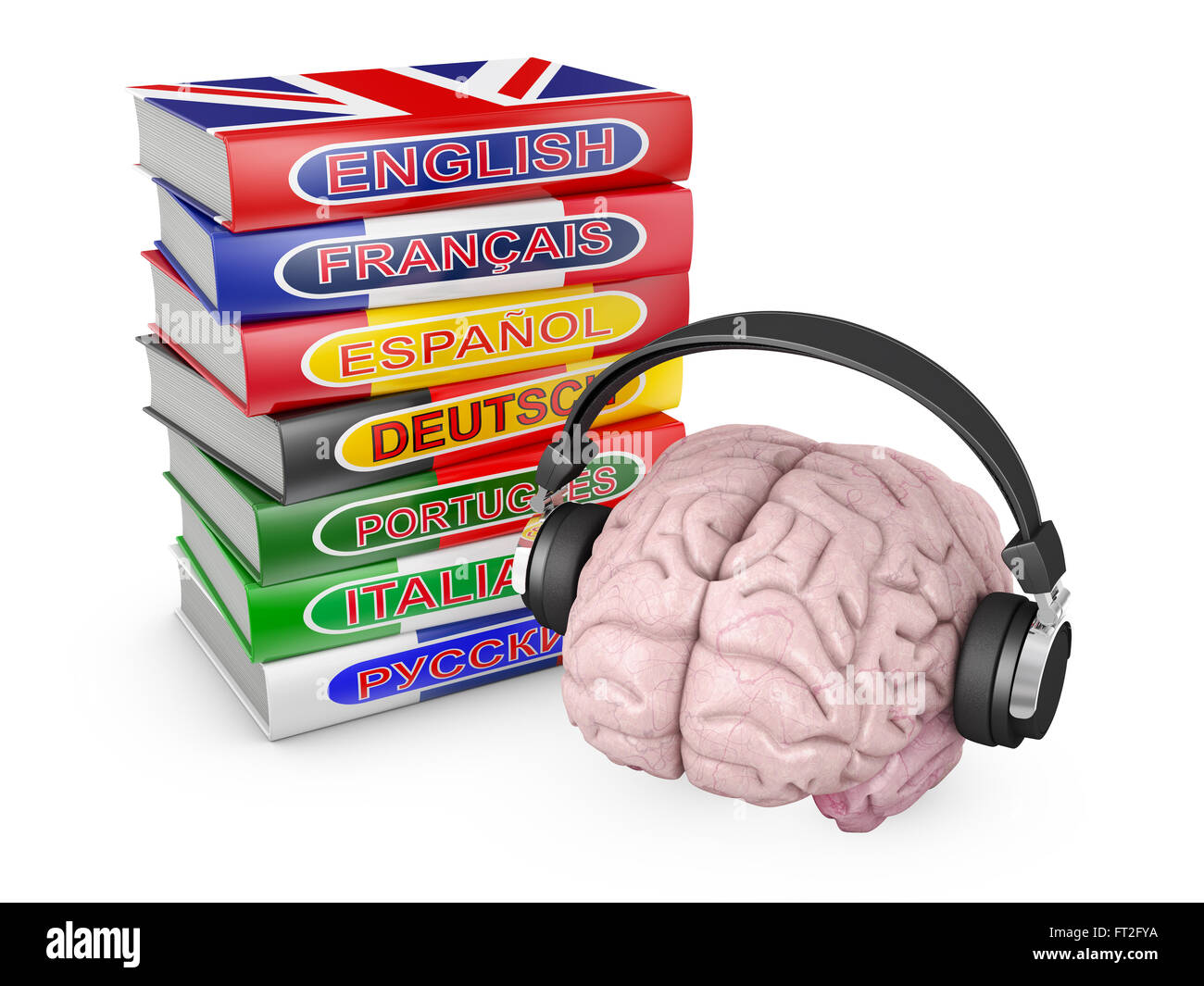 the human brain with headphones and books on languages Stock Photo - Alamy