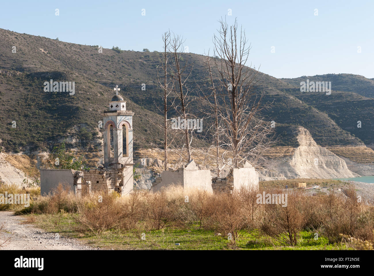 View on Kurion dam and abandoned church of St. Nicholas. Alassa village ...