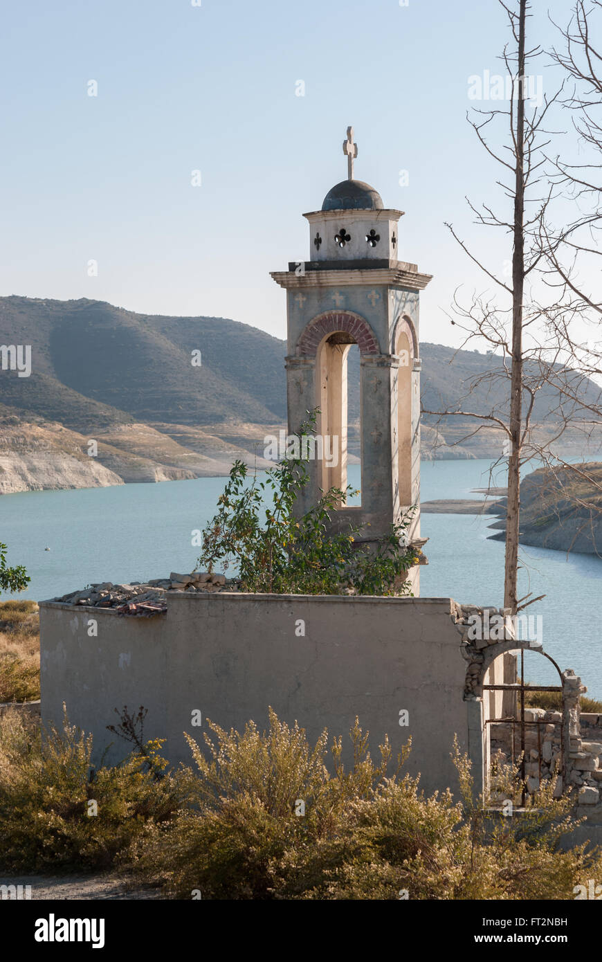 View on Kurion dam and abandoned church of St. Nicholas. Alassa village ...