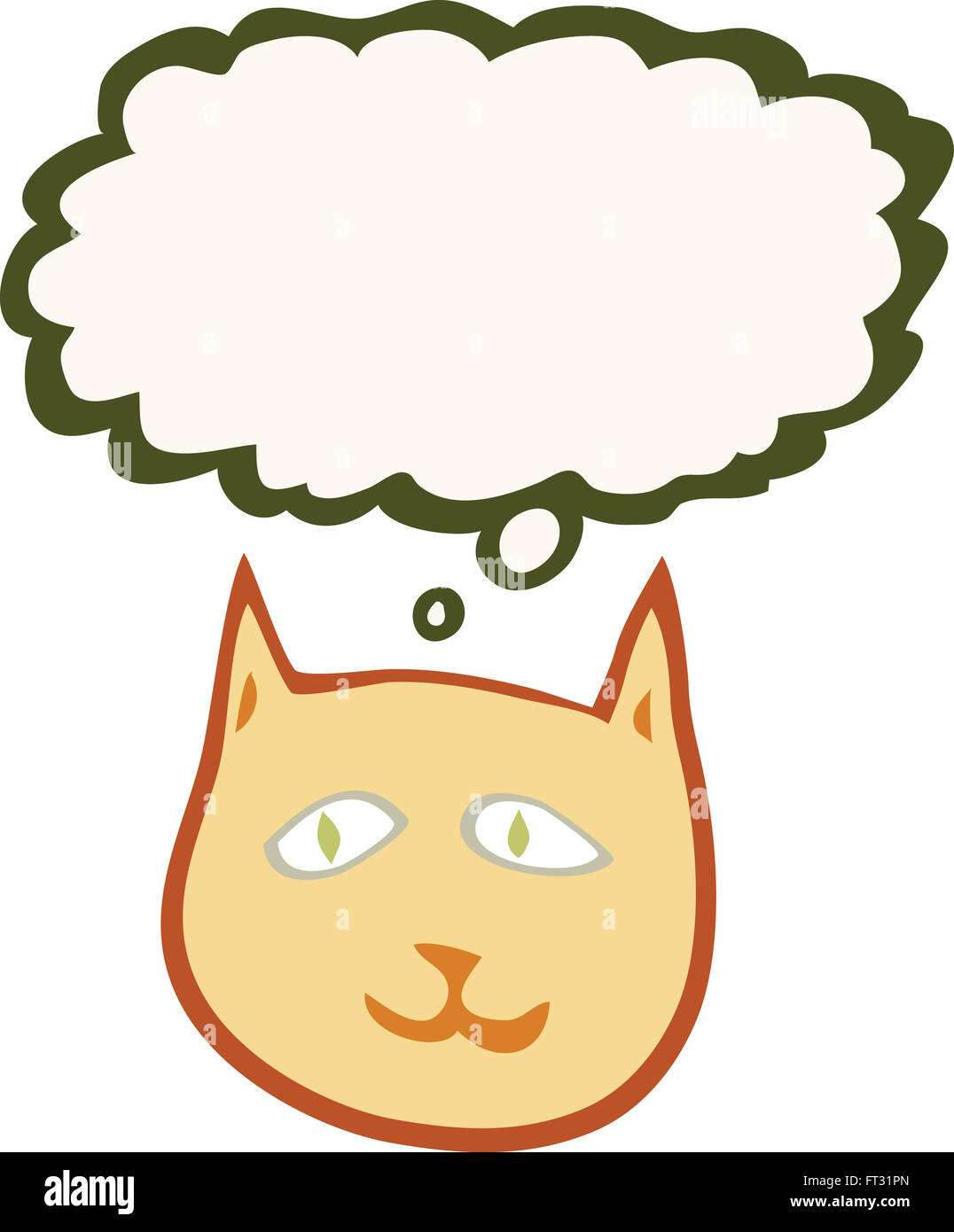 Illustration of simple grinning cat face with thought bubble over white ...
