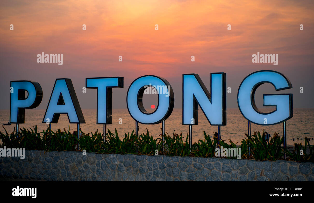 The Patong Beach sign, Patong, Phuket Island, Thailand at Sunset Stock ...