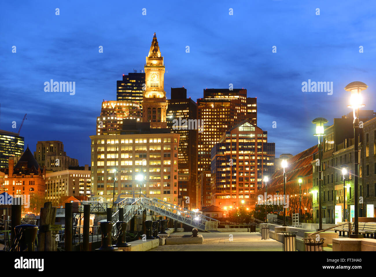 Boston Custom House, Long Wharf and Financial District skyline at night ...