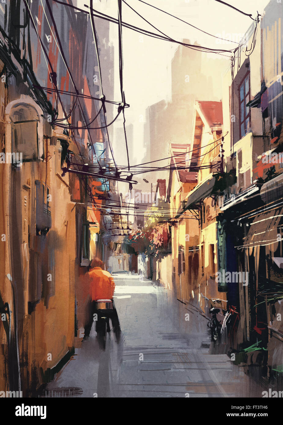 painting of narrow alleyway in old town Stock Photo - Alamy
