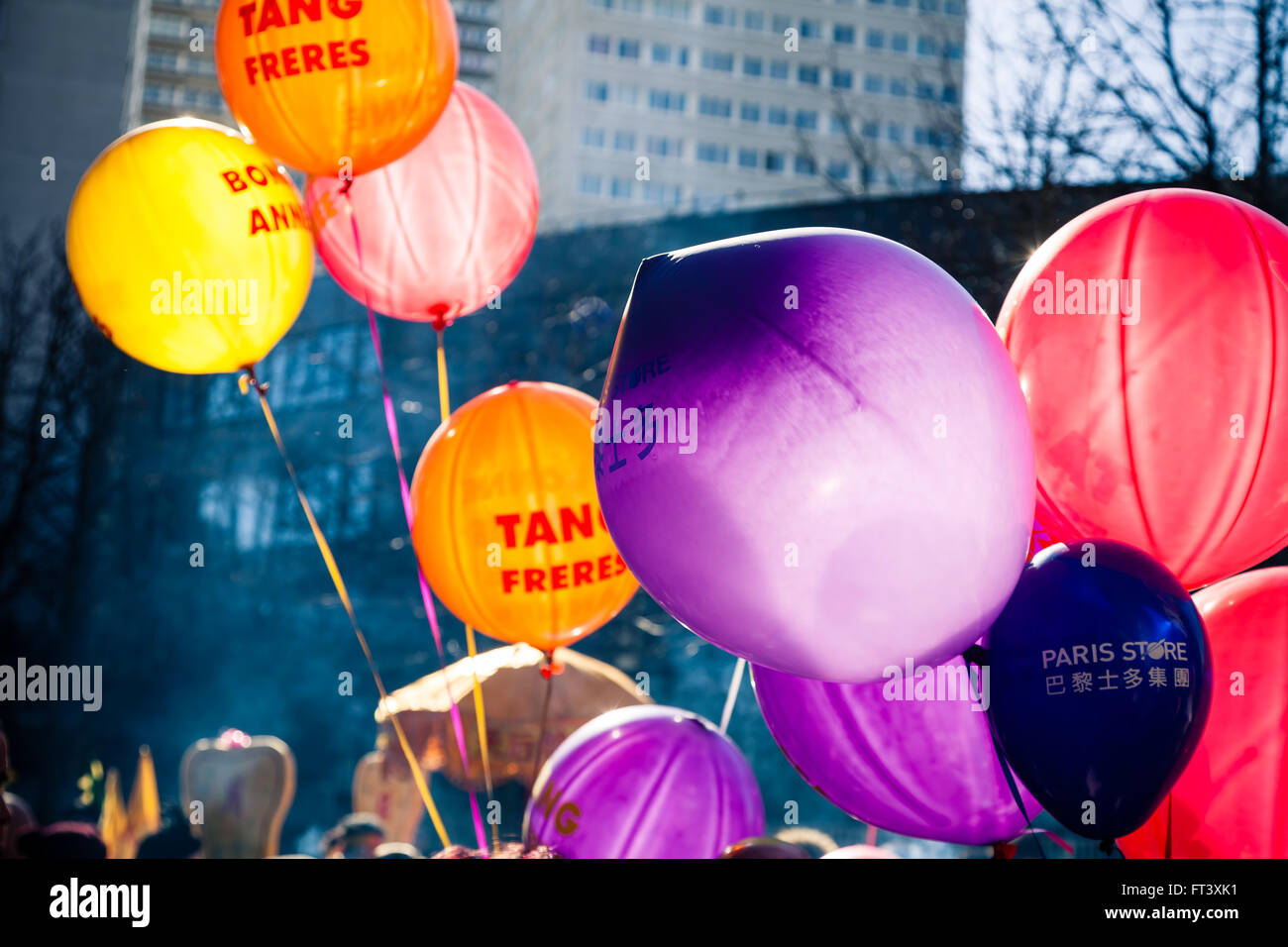 Balloons with chinese text during chinese new year celebration in Paris ...