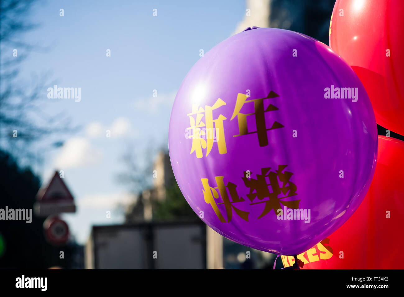 Balloons with chinese text during chinese new year celebration in Paris ...