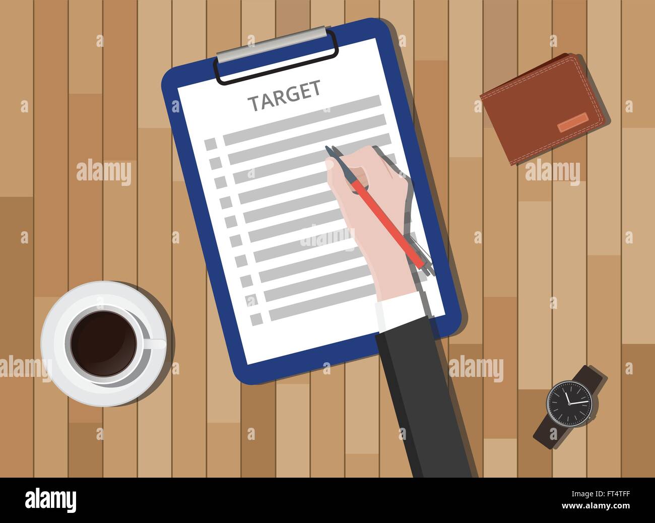 target checklist with clipboard and coffee wallet on desk Stock Vector ...