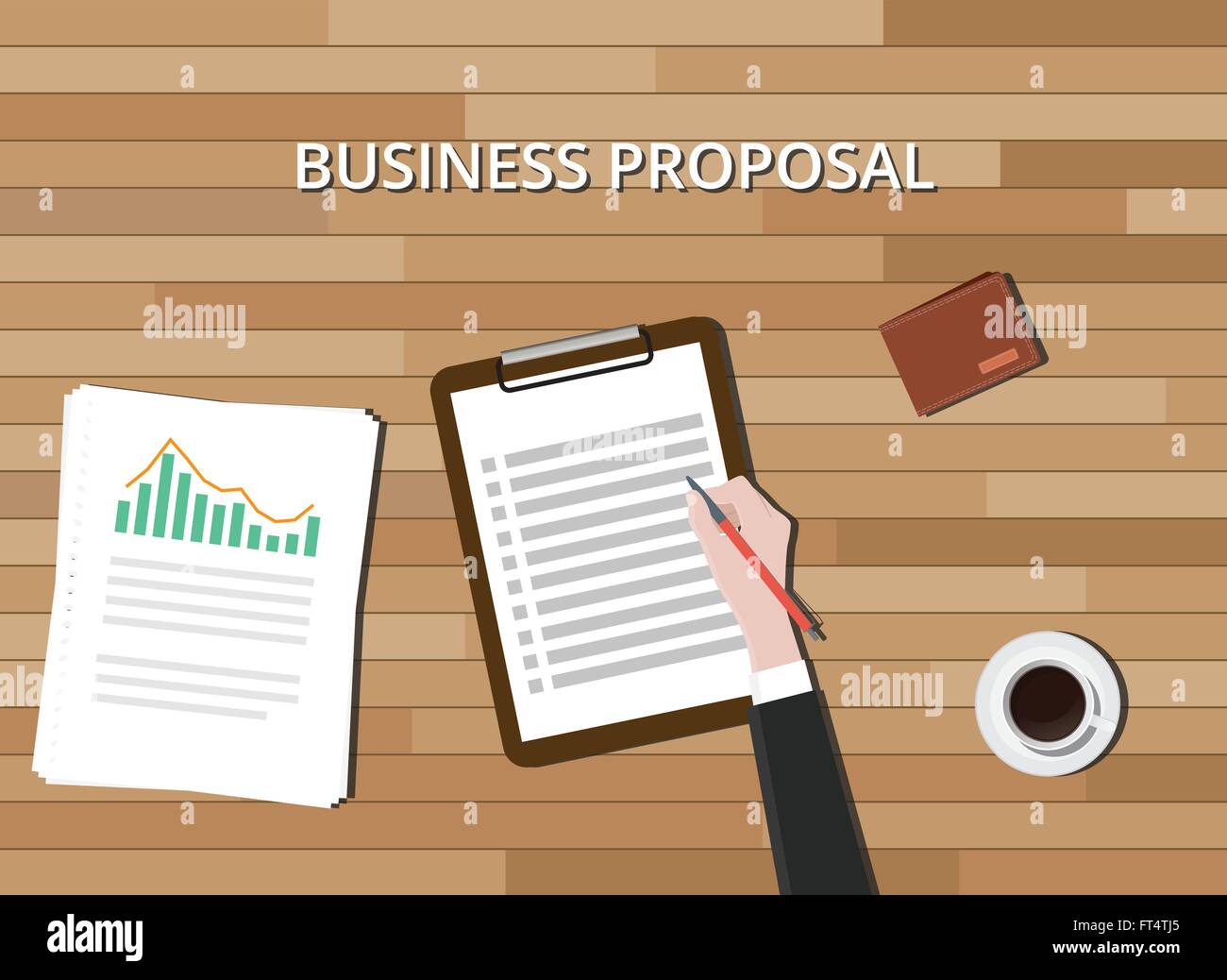 business proposal document with clipboard graph and wood background ...