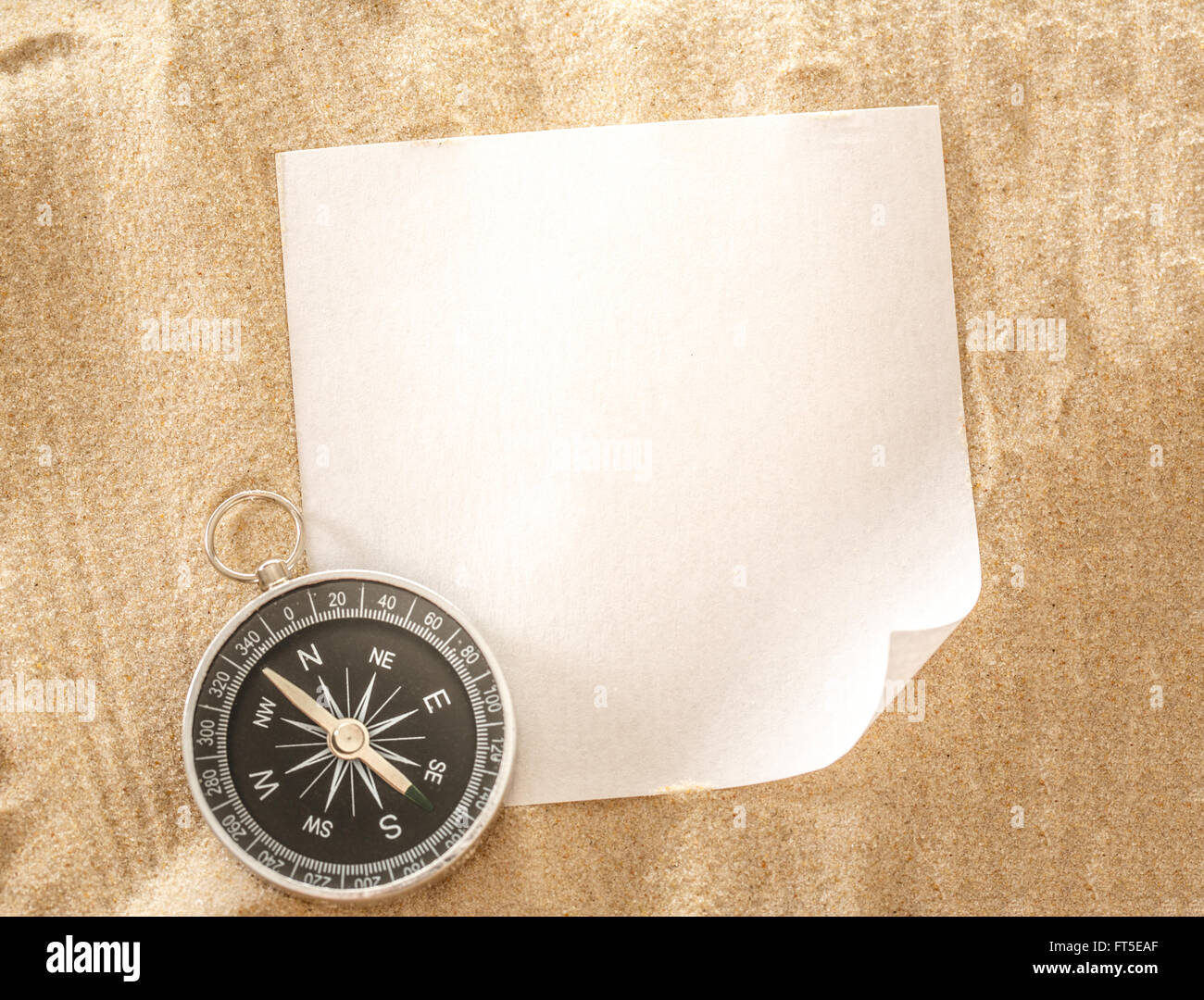 Blank sheet of paper with compass on sand Stock Photo - Alamy