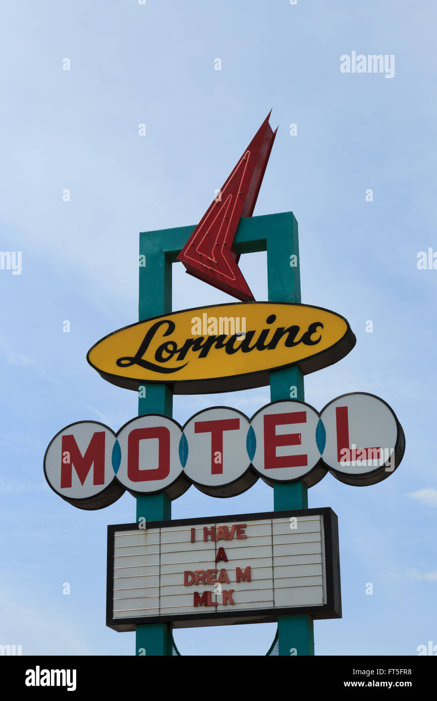 A photograph of a sign for the Lorraine Motel in Memphis, Tennessee ...
