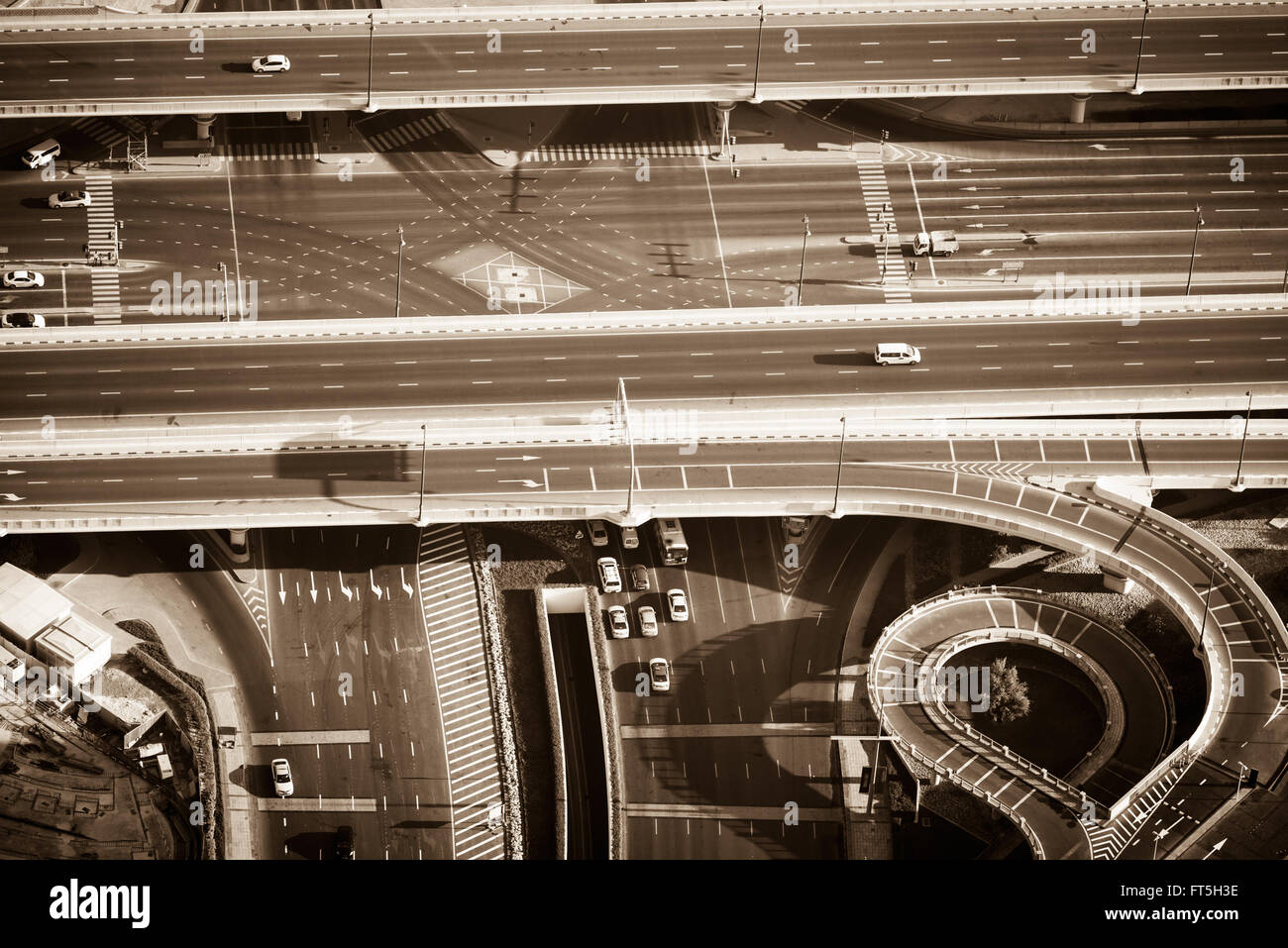 Top view of highway interchange in Dubai, UAE. Sepia toned Stock Photo ...