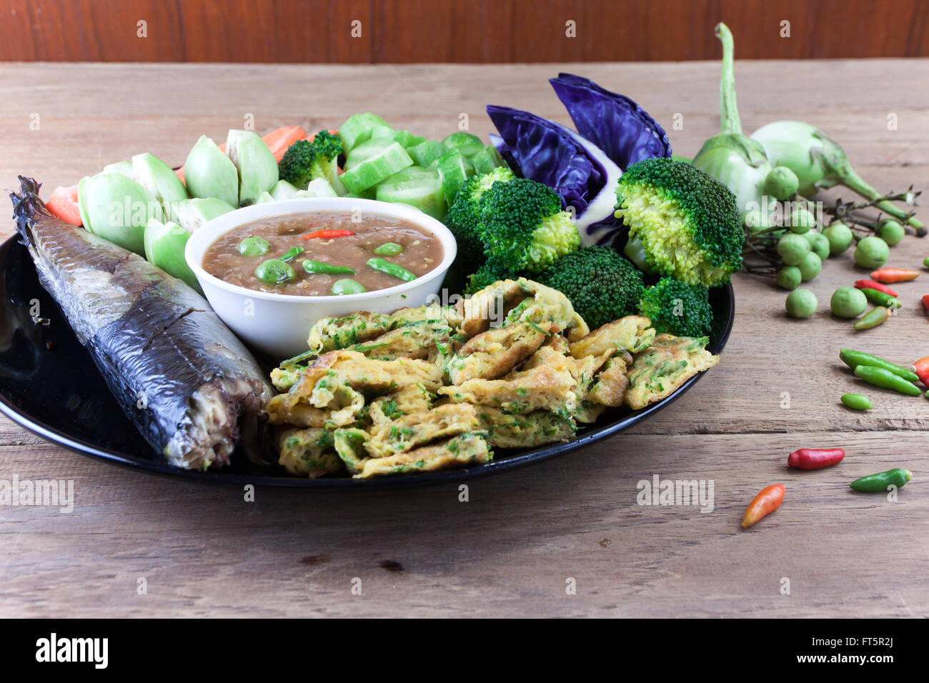 Fish Saba shoyu yaki and Shrimp paste chili sauce with blanched ...
