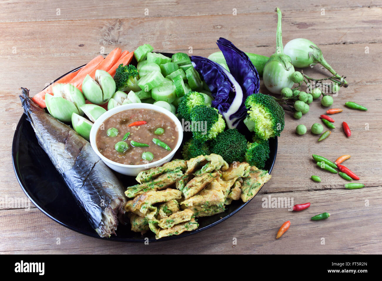 Fish Saba shoyu yaki and Shrimp paste chili sauce with blanched ...