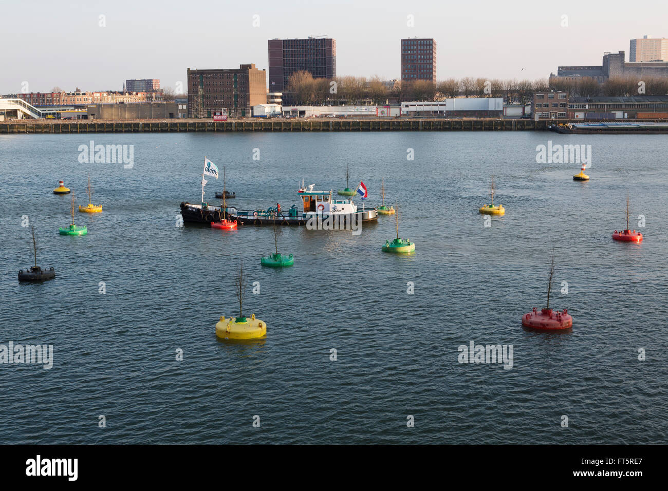 A ship attends buoys at the Bobbing Forest in Rotterdam, the ...