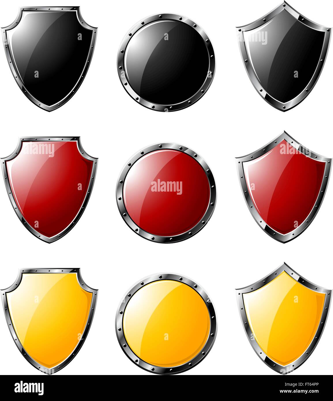 Set of colored steel triangle and round shields isolated on white ...