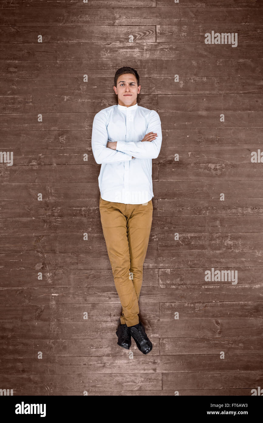 Top view photo of man on wooden floor Stock Photo - Alamy