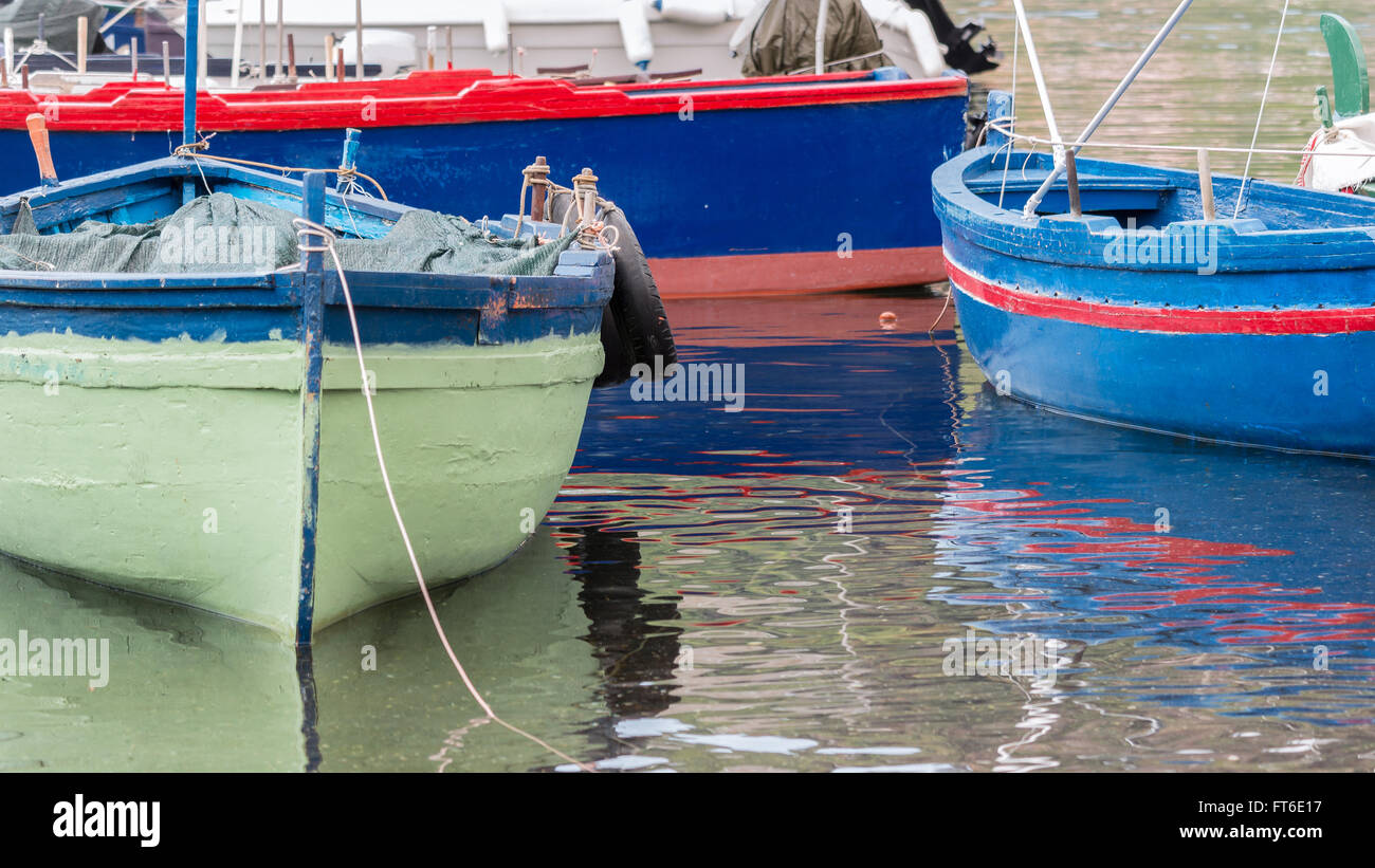 Small traditional fishing boat, made of wood, coloured, painted, Sicily ...