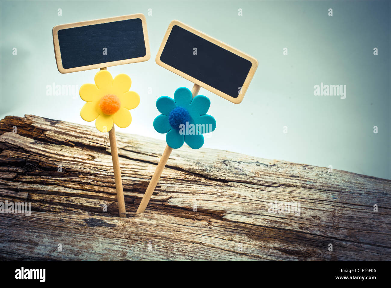 small wooden sign stuck into a wooden board Stock Photo - Alamy