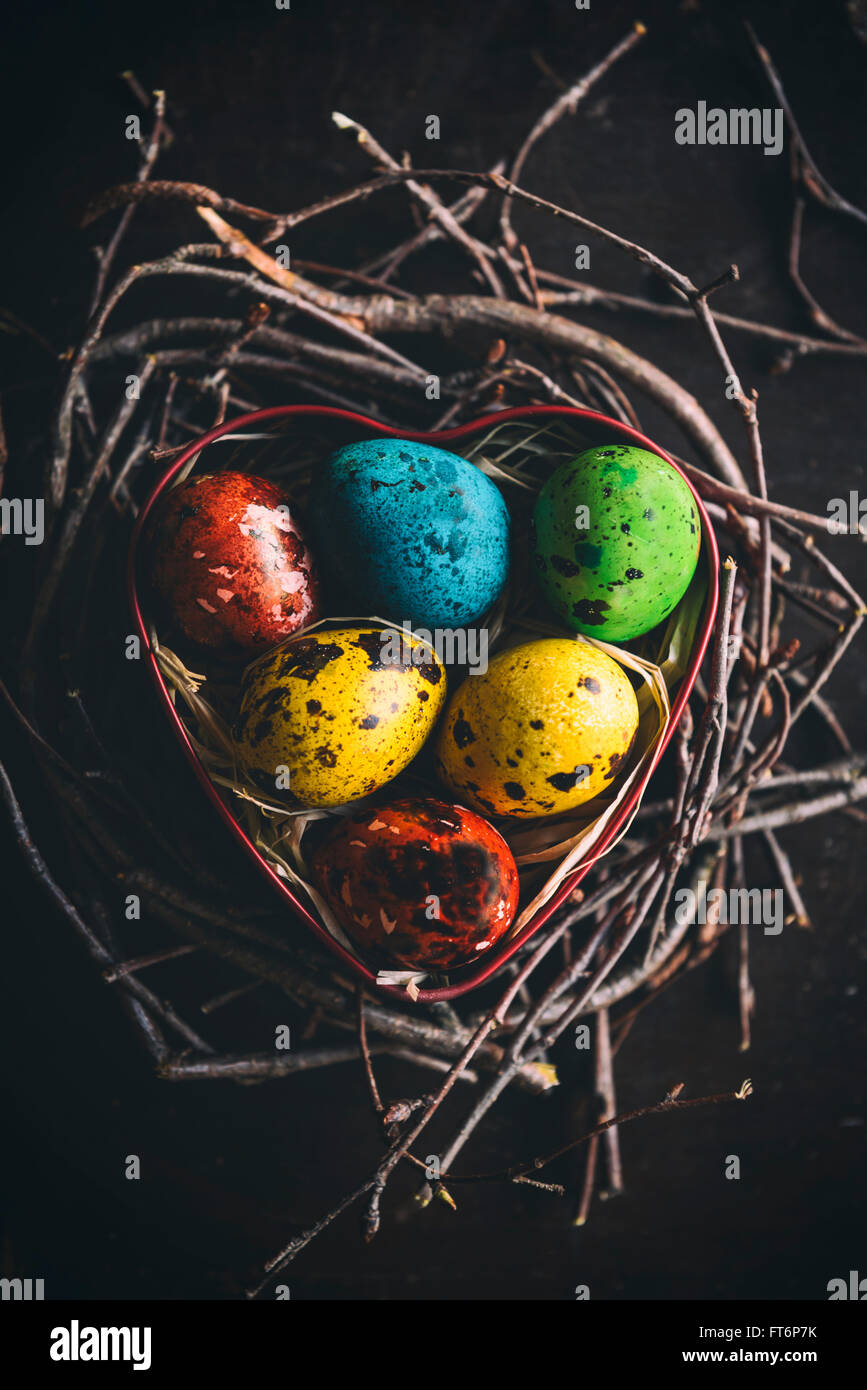 Colorful quail eggs in heart shape box on nest,selective focus Stock ...