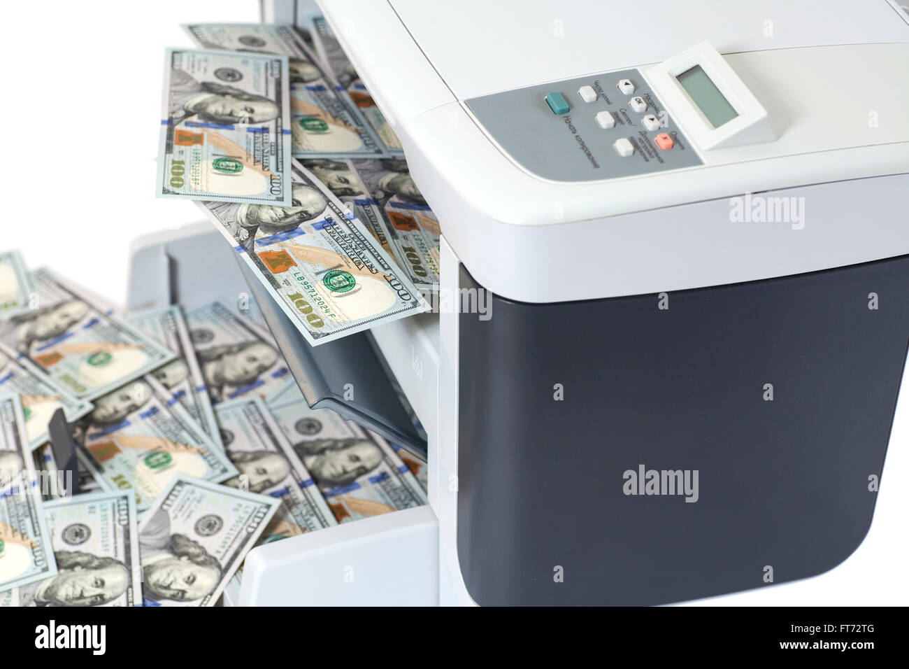 Printer printing fake dollar bills isolated on white background Stock ...