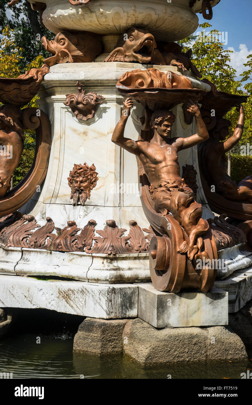 golden fountains in segovia palace in Spain. bronze figures of ...