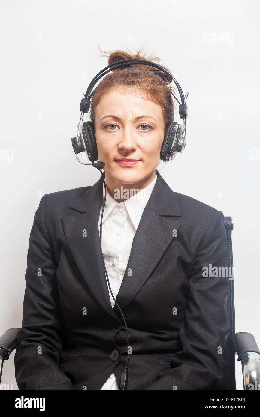Support phone operator in headset on white Stock Photo - Alamy