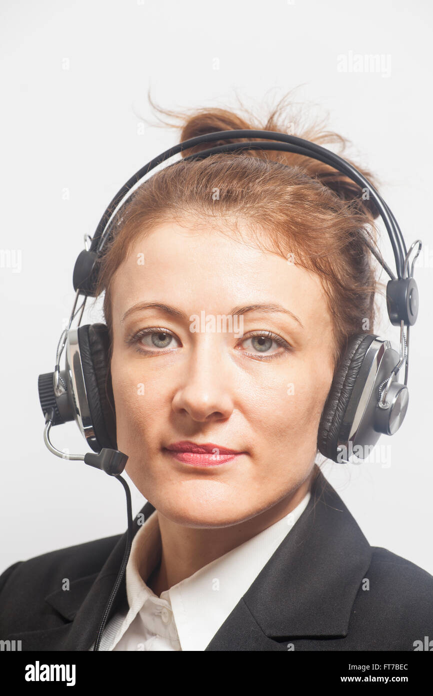 Support phone operator in headset on white Stock Photo - Alamy