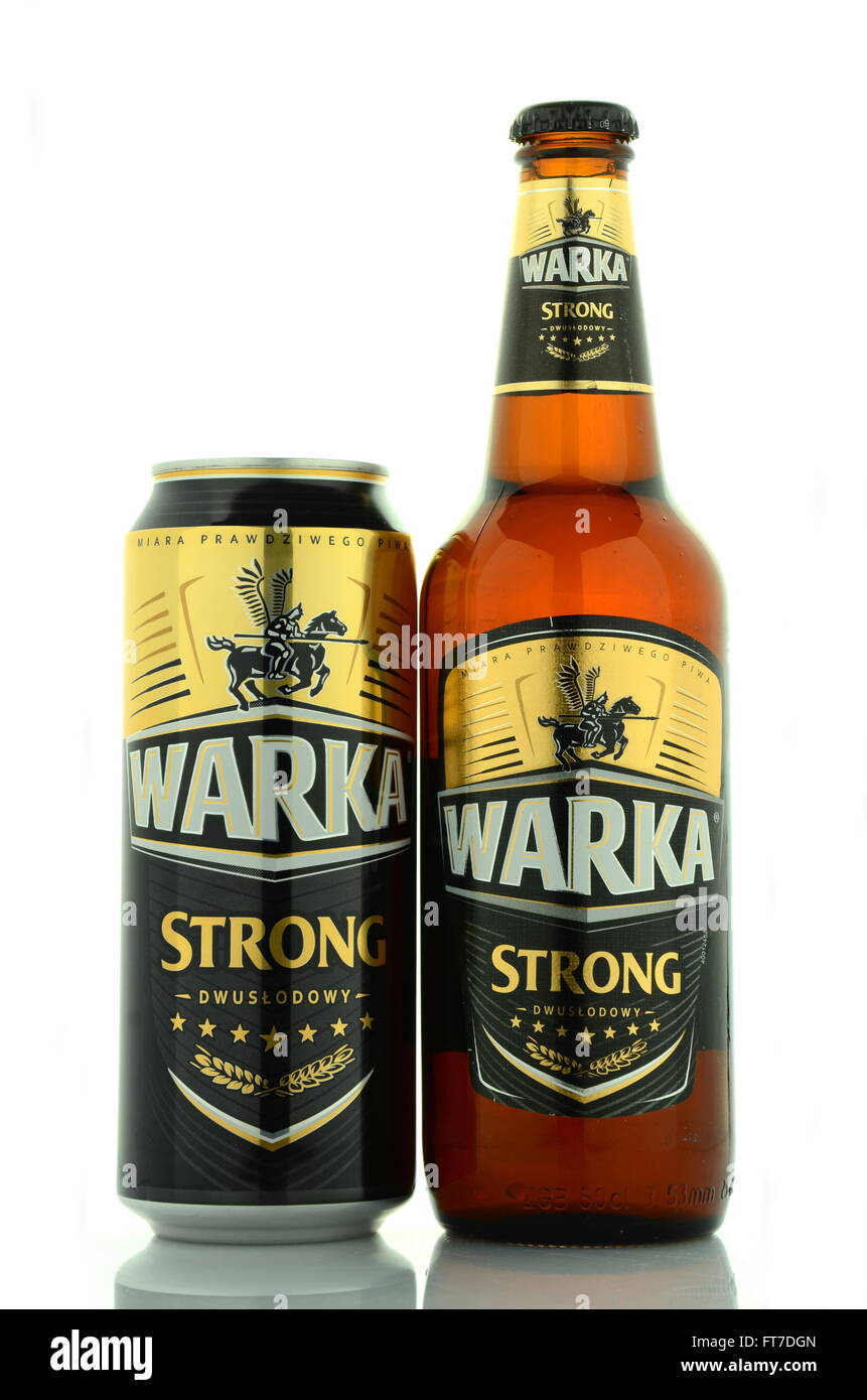 Warka strong beer isolated on white background Stock Photo - Alamy