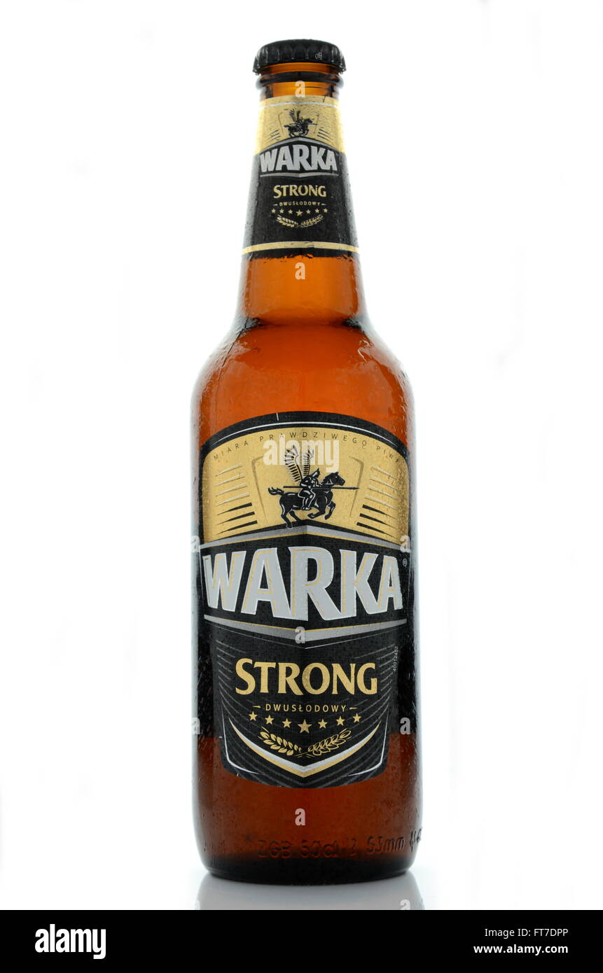 Warka strong beer isolated on white background Stock Photo - Alamy