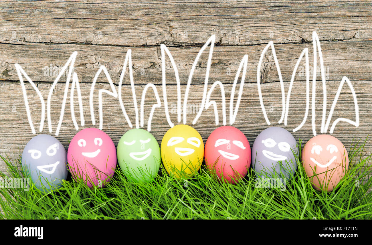 Funny bunny smiling easter eggs decoration. Holidays background Stock ...
