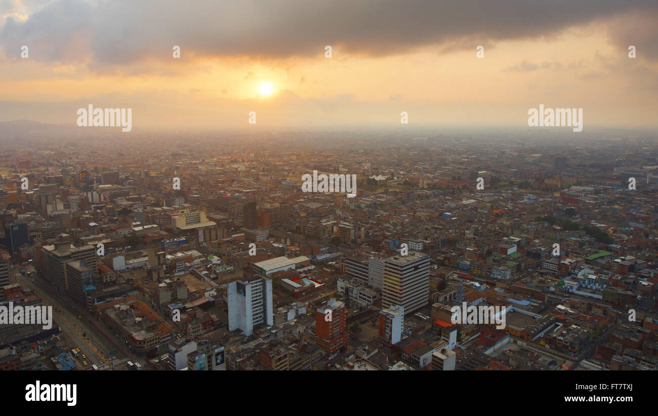 Panoramic view of sunset in the city of Bogota from Colpatria building ...