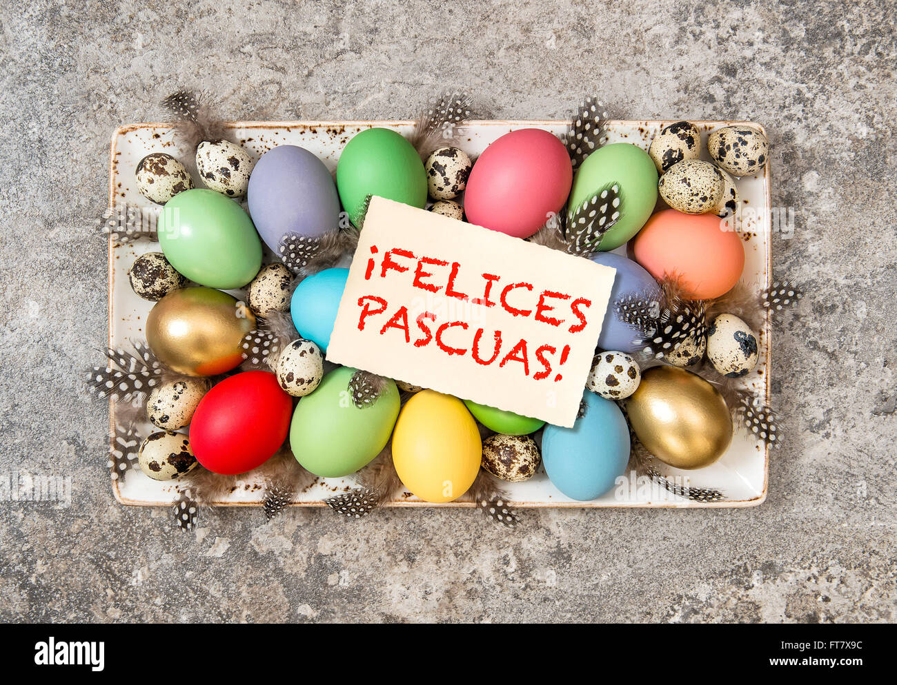 Easter eggs decoration vintage toned. Greetings card ¡Felices Pascuas ...