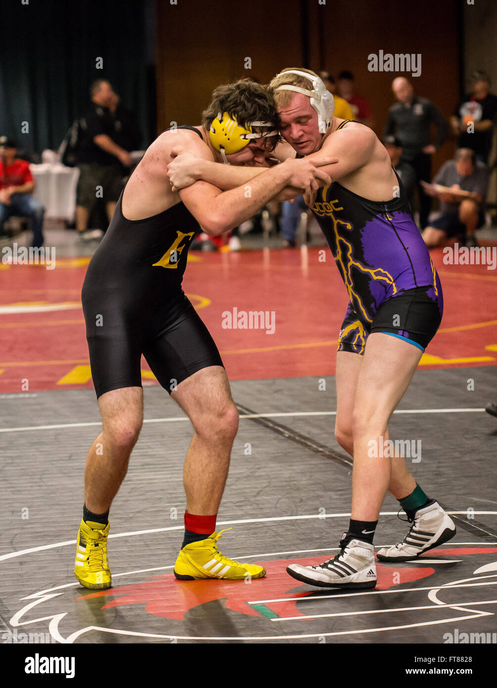 Redding, California: Two wrestlers on the mat against each other in the ...