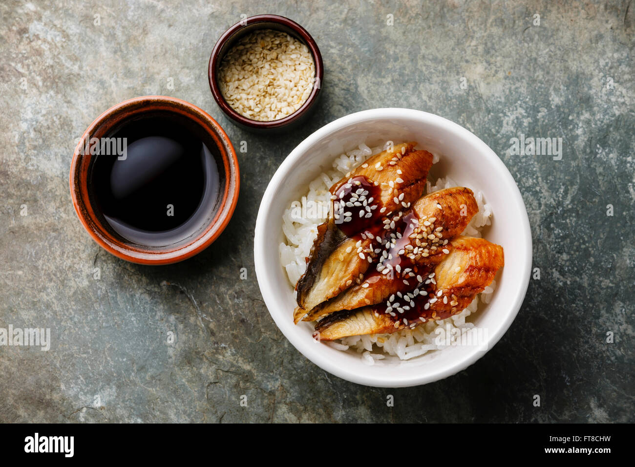 Eel on Rice with sauce and sesame close up Stock Photo - Alamy