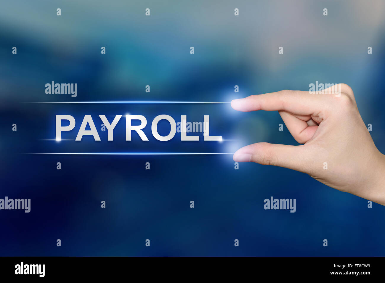 hand pushing payroll button on blurred blue background Stock Photo - Alamy