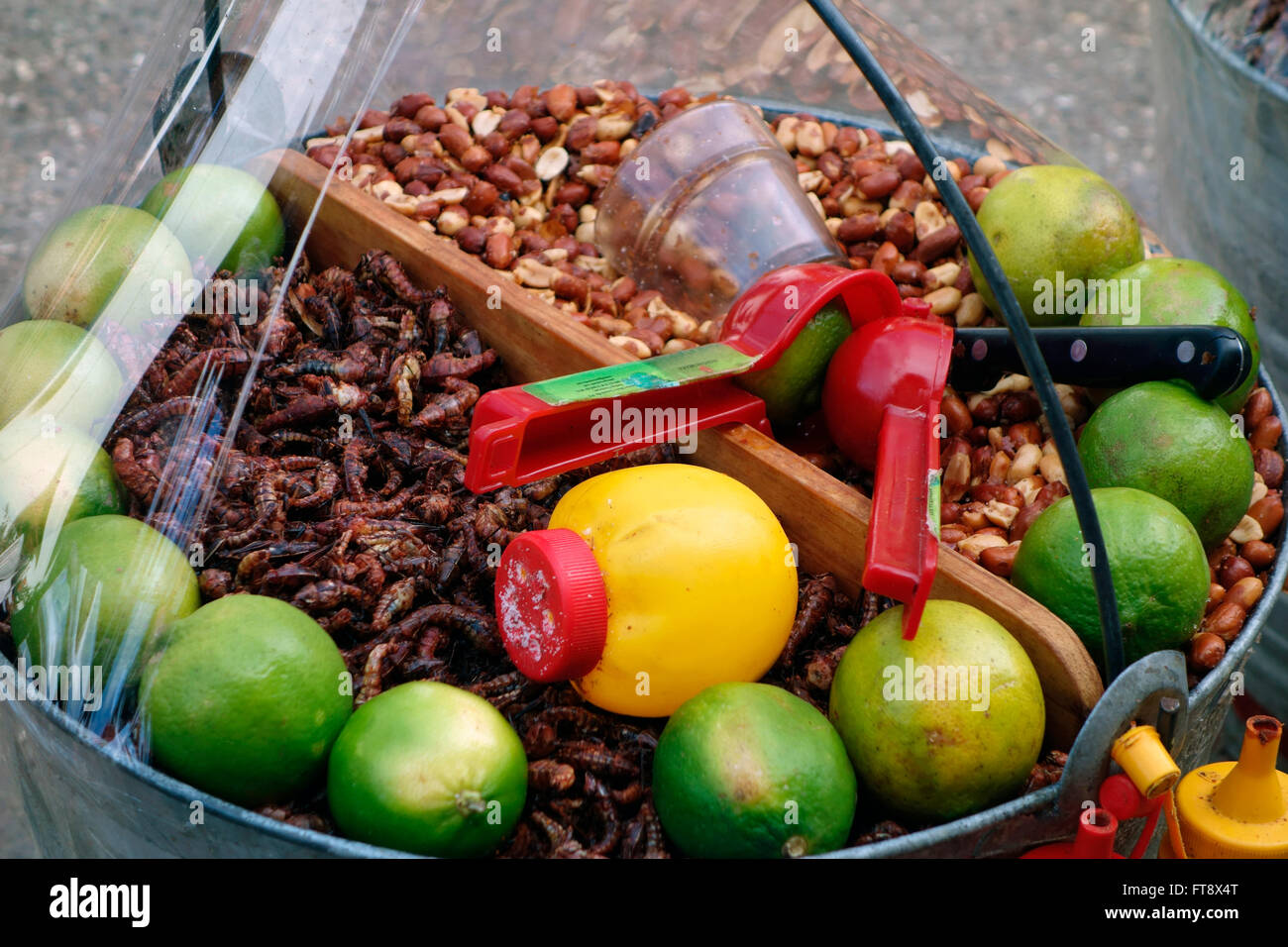 Fried grasshoppers known as chapulines on sale, San Cristobal de las ...