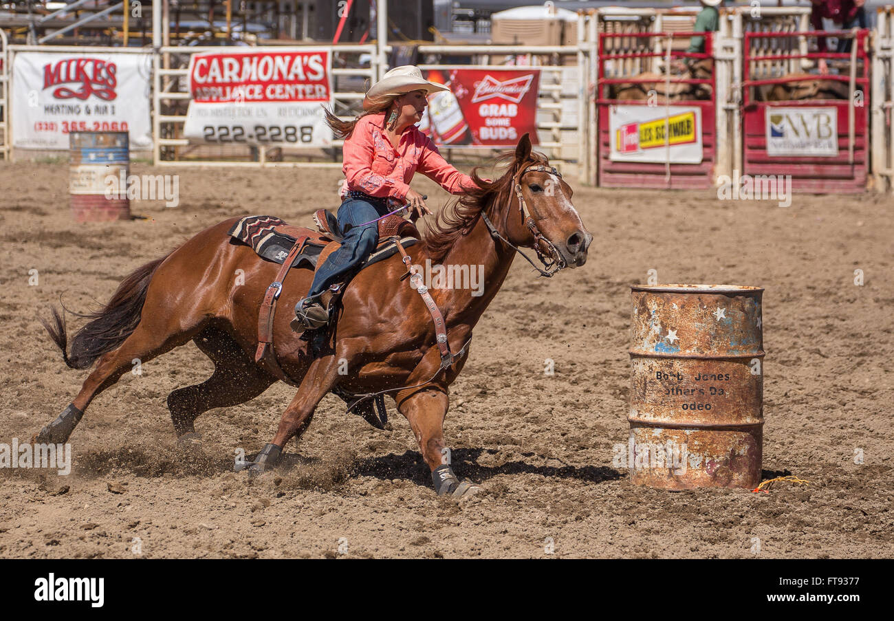 Barrel racing action at a rodeo in Cottonwood, California Stock Photo ...