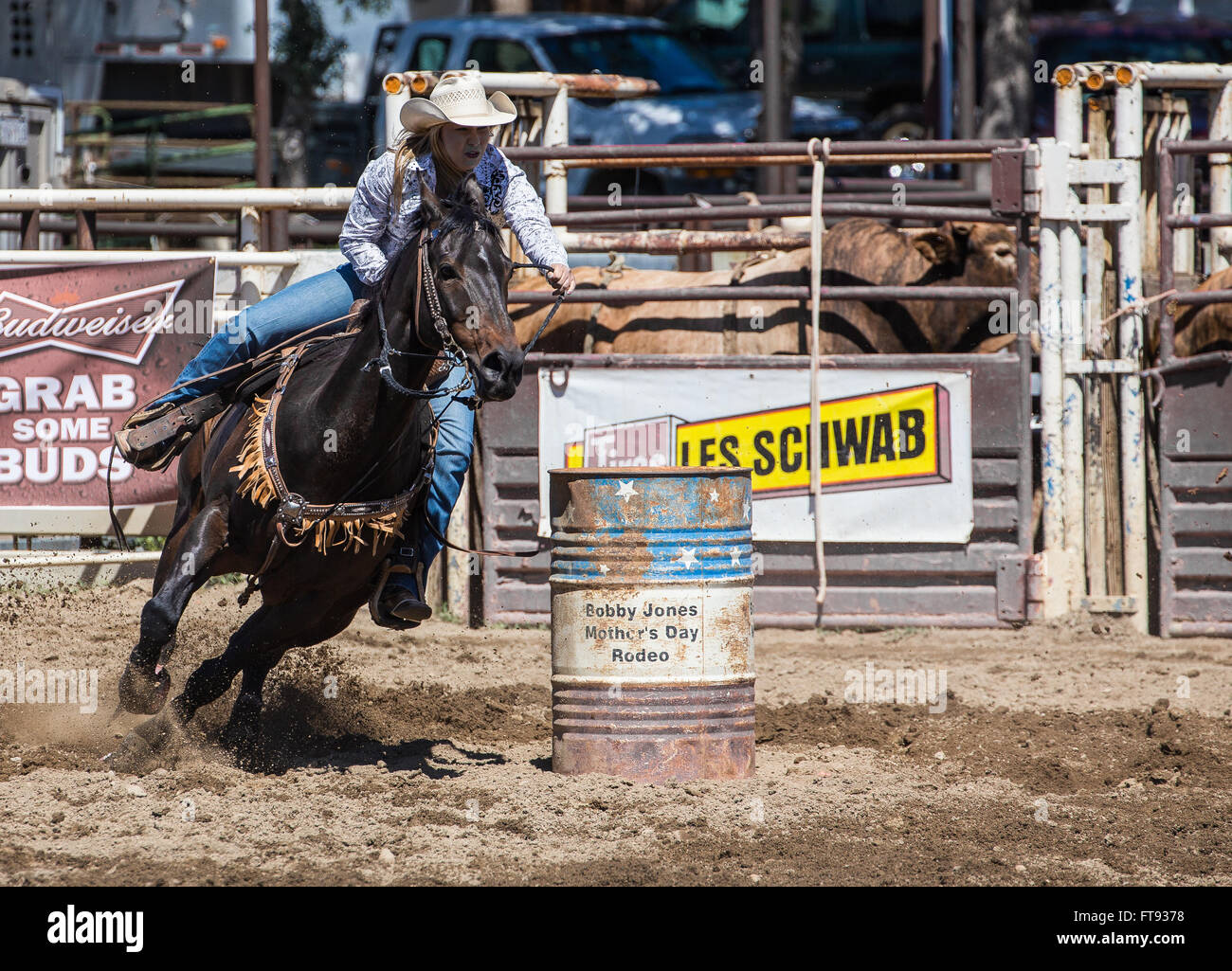 Barrel racing action at a rodeo in Cottonwood, California Stock Photo ...