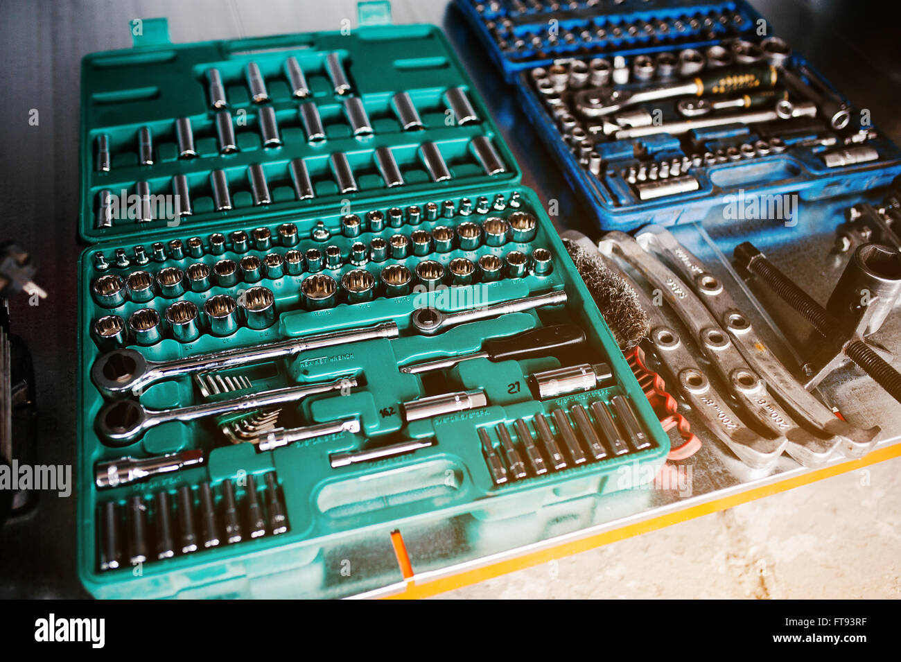 Metal rack with set of wrench spanners tools Stock Photo - Alamy