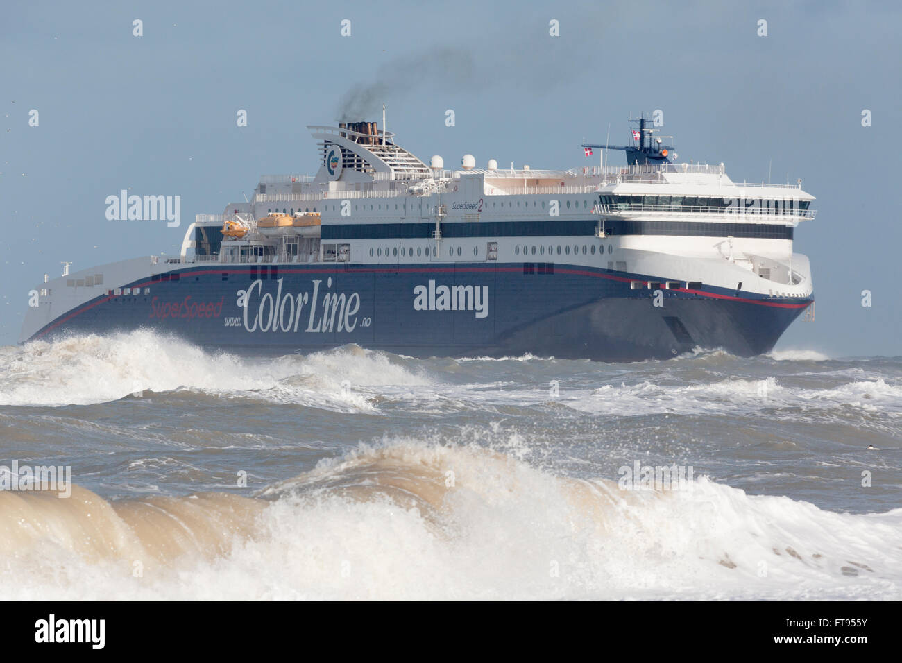 A Color Line SuperSpeed-class ferry arrives at Hirtshals from Norway ...