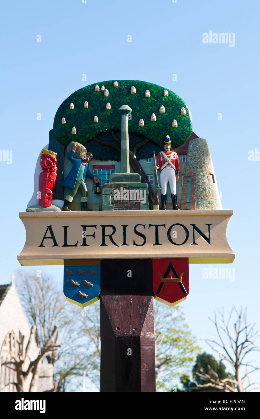 The village sign at Alfriston, UK, a popular place with tourists and ...
