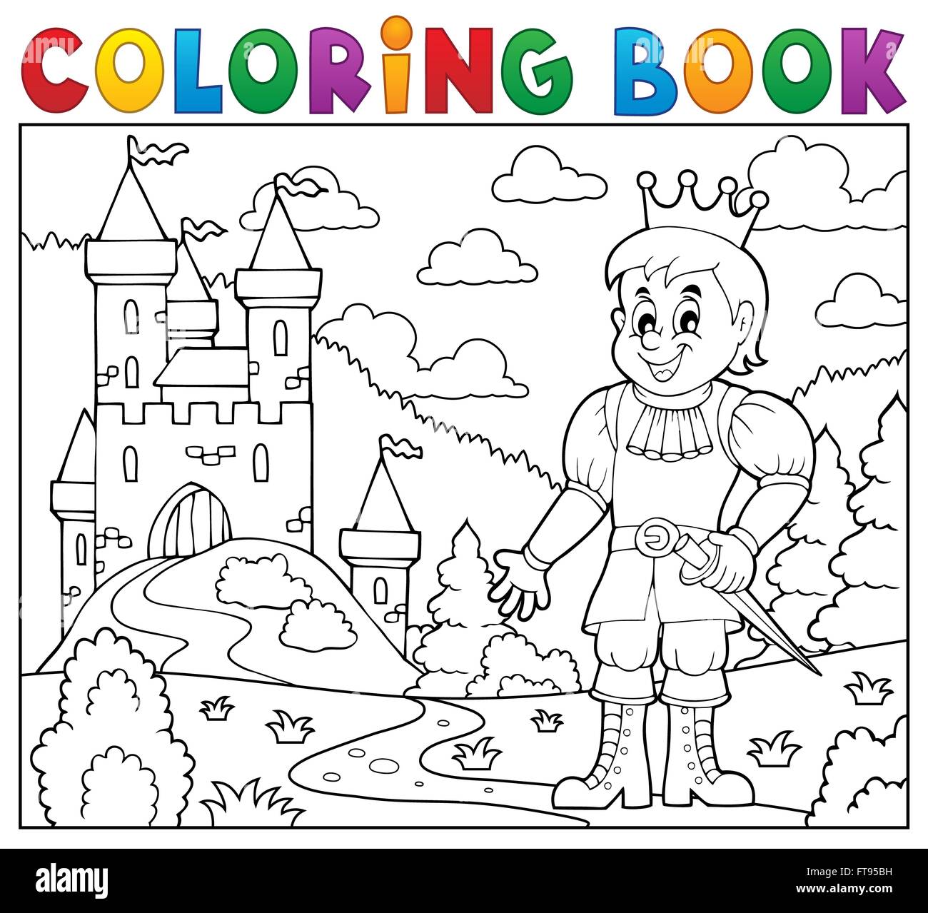 Coloring book prince near castle - picture illustration Stock Photo - Alamy