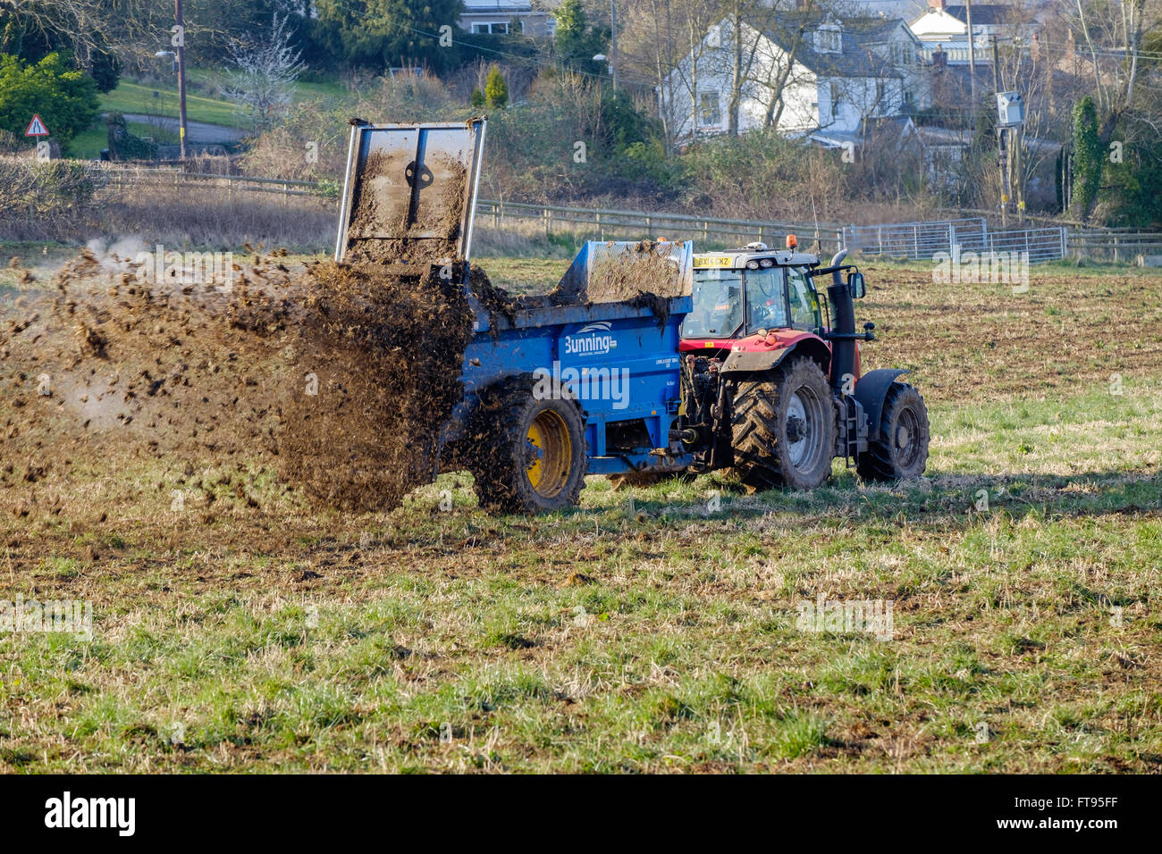 Tractor with trailer spreading manure on fiied in early spring prior to ...
