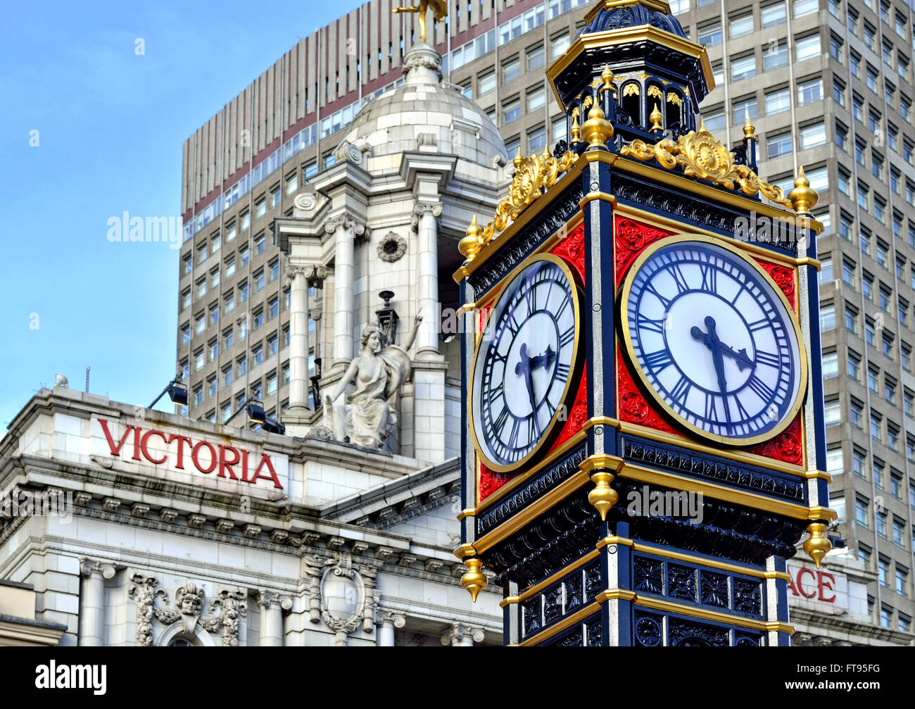 London, England, UK. Little Ben clock outside Victoria Station (1892 ...