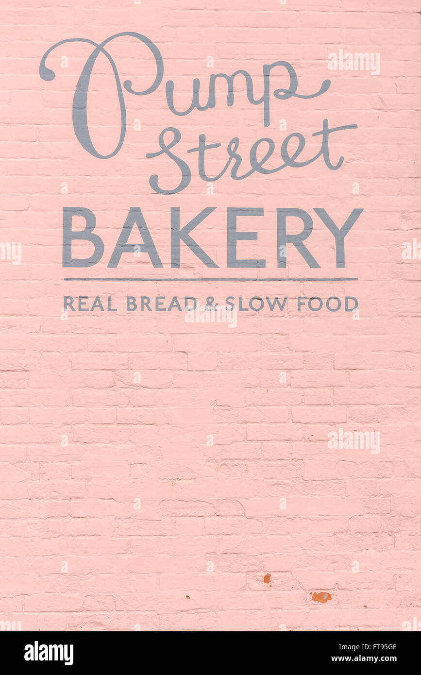 Suffolk food, view of the signage and pink wall of the Pump Street ...