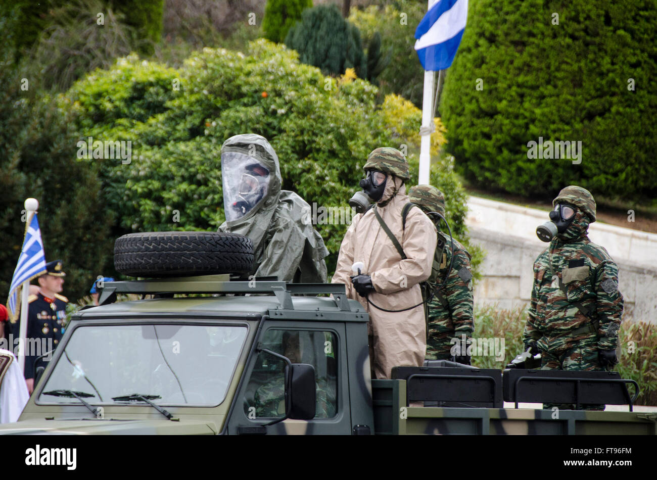 Athens, Greece. 25th Mar, 2016. Greek Army personnel wearing NBC ...